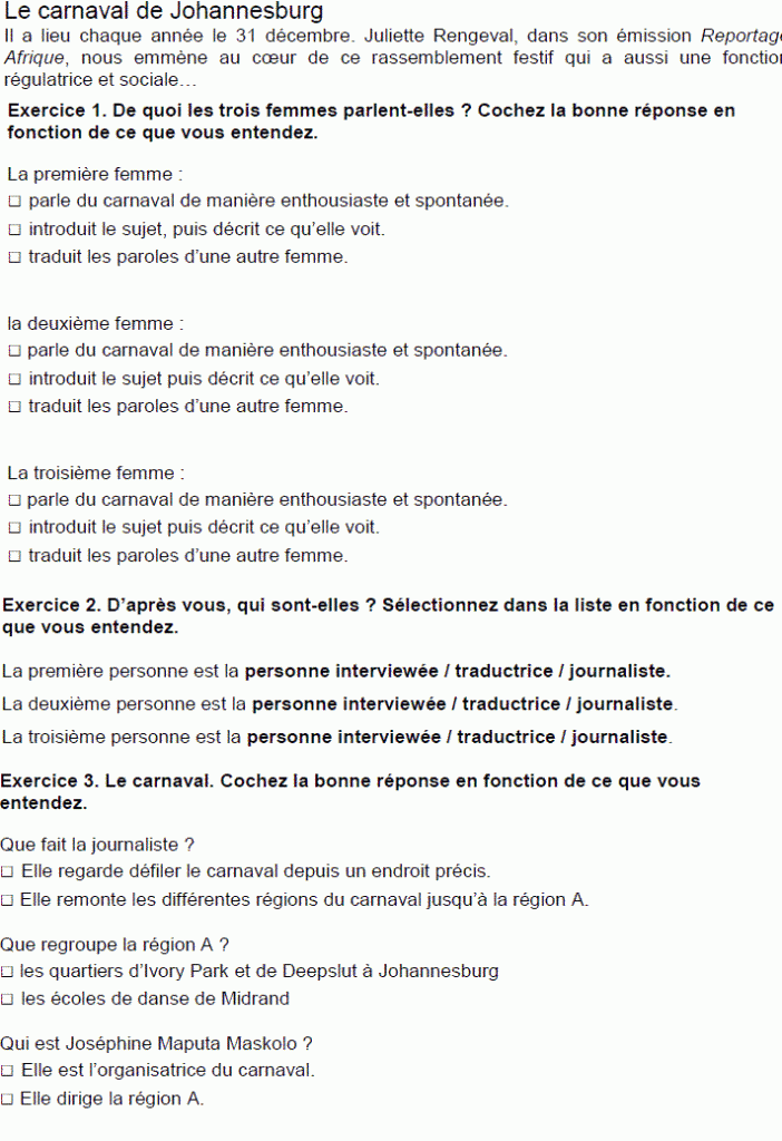 Listening Comprehension in French - "Le carnaval de Johannesburg ...